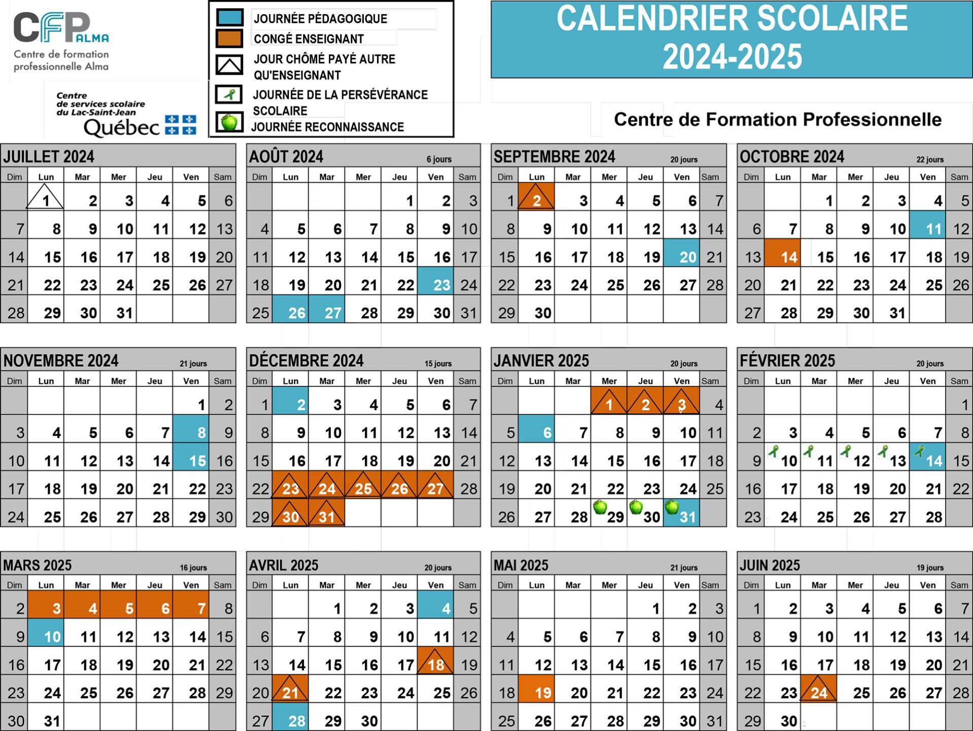 Calendrier scolaire | Centre de formation professionnelle Alma